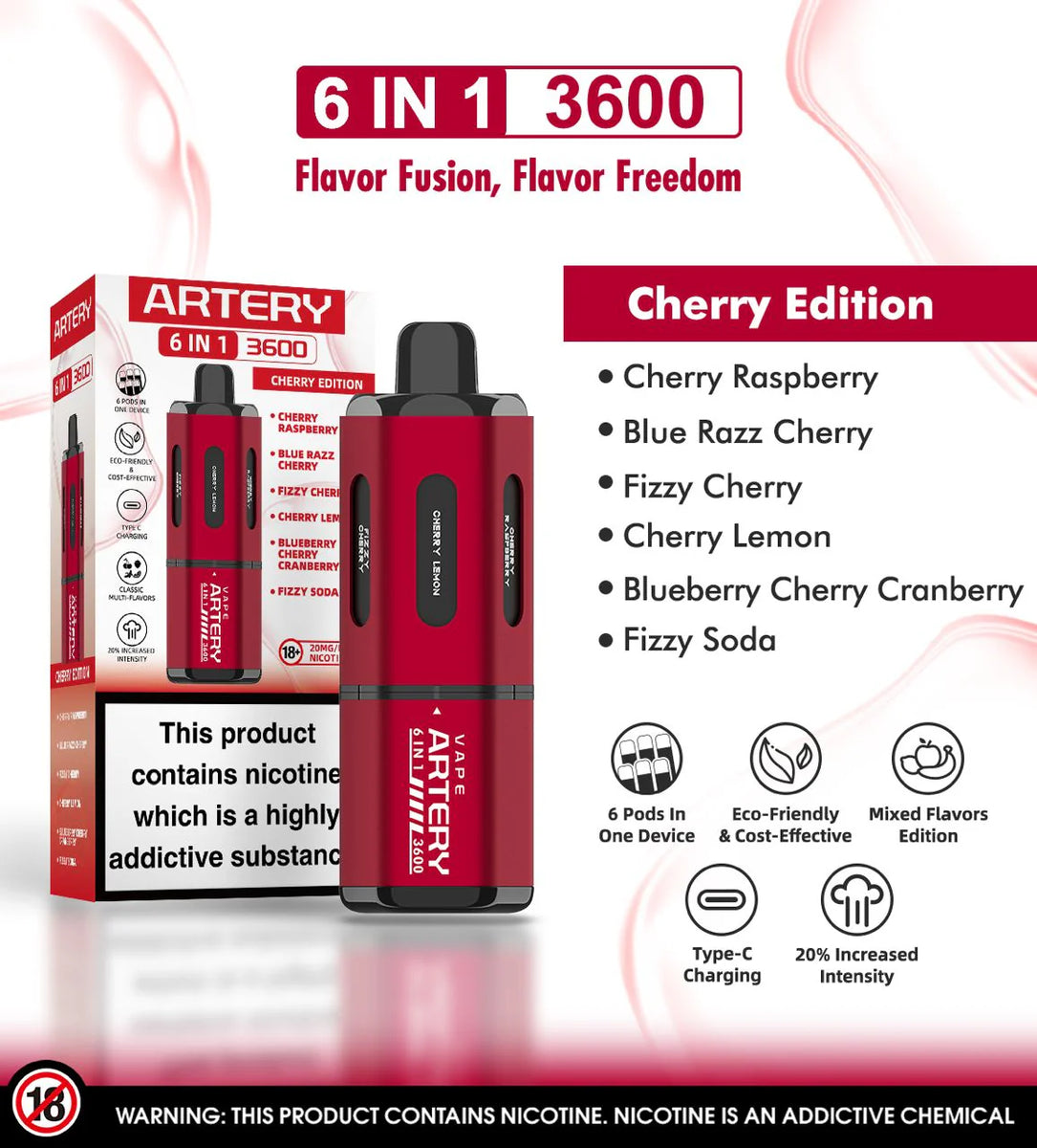 Artery 3600 Cherry Edition (Multi Flavour) 6-in-1 Disposable – Royal Vapes