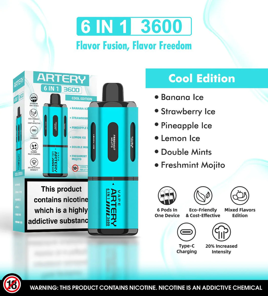 Artery 3600 Cool Edition (Multi Flavour) 6-in-1 Disposable – Royal Vapes